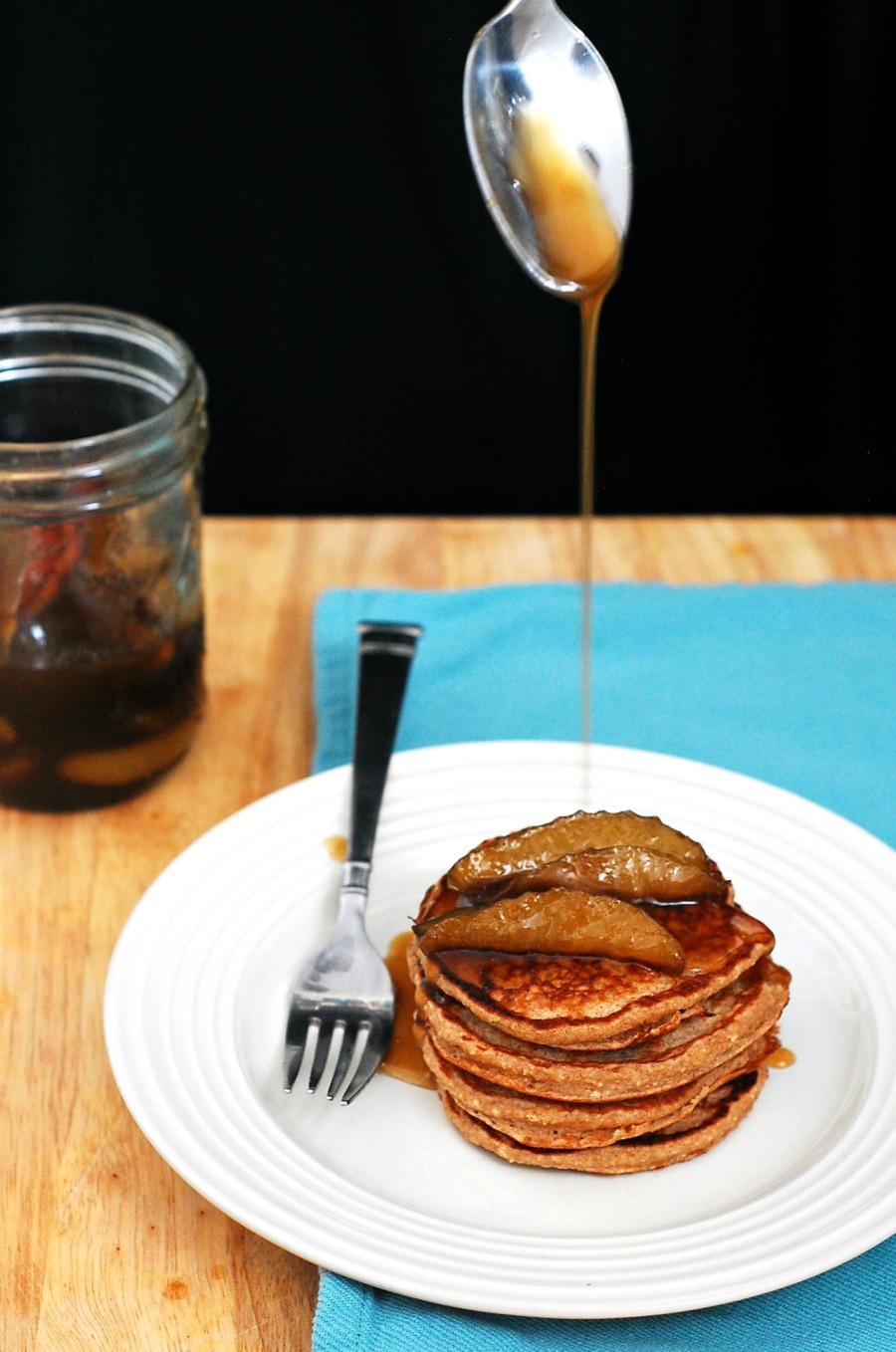 Cinnamon Oat Pancakes with Spiced Pear Syrup by The Redhead Baker